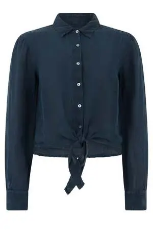 120% Lino Cropped Linen Shirt With Bow Detail And Long Sleeves - Blue