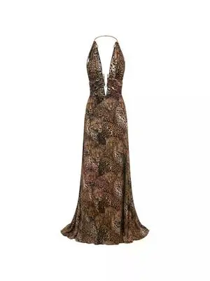 Philipp Plein Leopard Print Open-back Halterneck Maxi Dress