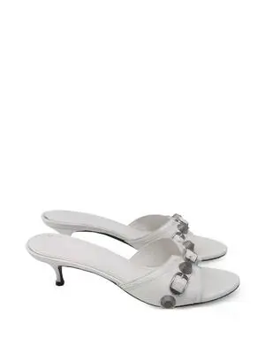 Balenciaga Lambskin Studded Kitten Heel Mules - White