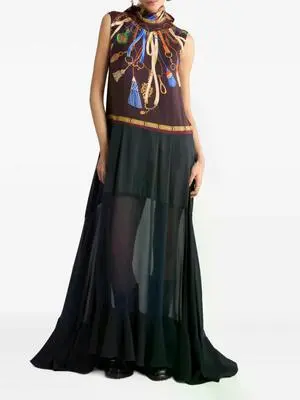 Etro Long Silk Dress With See-through Skirt And Placed Print