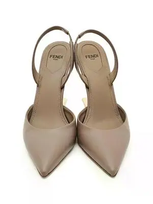 Fendi Beige Leather Pointed Toe Ff Logo Heel Slingback Pumps - Neutrals