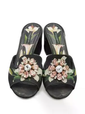 Dolce & Gabbana Lily-print Crystal-embellished Sandals - Black