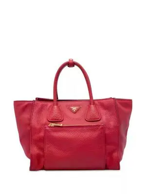 Prada 2013-2026 Vitello Daino Front Pocket Open Convertible Tote Satchel - Red