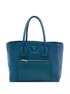 Prada 2013-2026 Soft Calf Front Pocket Shopping Tote Satchel - Blue