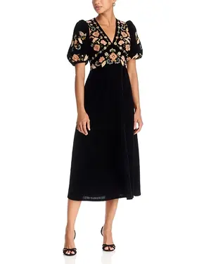 Sea Alessandra Embroidered Bodice Midi Dress - Black