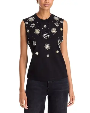 Alice + Olivia Micah Cotton Embellished Sleeveless Top - Black/multi