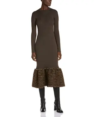 Alexander McQueen Wool Blend Ribbed Feathery Hem Midi Dress