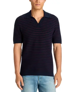 Rag & Bone Aaron Stripe Cotton Blend Johnny Collar Polo Shirt - Navy