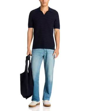 Rag & Bone Aaron Stripe Cotton Blend Johnny Collar Polo Shirt - Navy