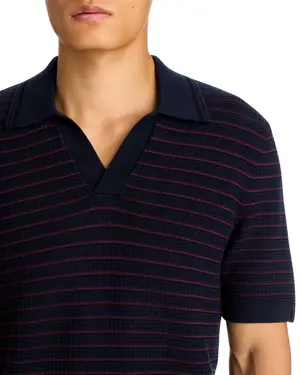 Rag & Bone Aaron Stripe Cotton Blend Johnny Collar Polo Shirt - Navy
