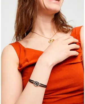 UNODE50 Black Double Leather Bracelet With -plated Eye Detail And Crystal