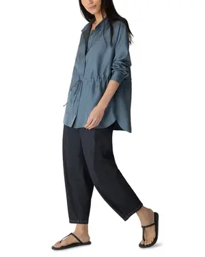 Eileen Fisher Silk Mandarin Collar Tie Waist Shirt