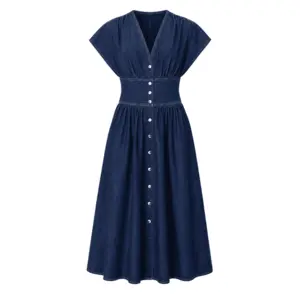 EXQUISE Evan Dropped Short Sleeve Fitted Midi Denim Dress Navy