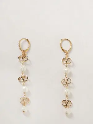 Valentino Garavani Vlogo Signature Pearl And Crystal Drop Earrings - Gold