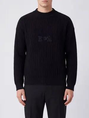 Emporio Armani Cotton Blend Crewneck Jumper With Tone-on-tone Logo - Black