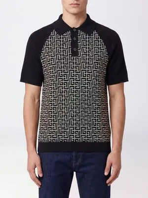 Balmain Pb Monogram Knitted Polo Shirt In Cotton And Linen Blend