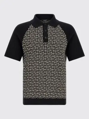 Balmain Pb Monogram Knitted Polo Shirt In Cotton And Linen Blend