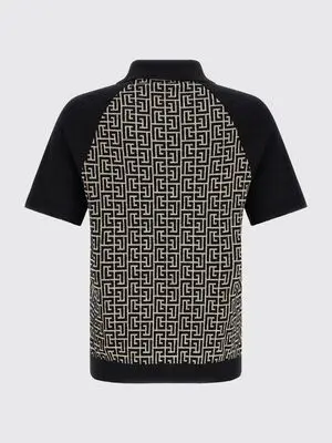 Balmain Pb Monogram Knitted Polo Shirt In Cotton And Linen Blend