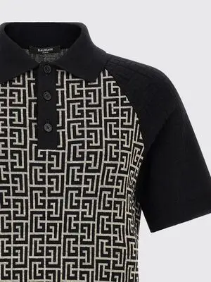 Balmain Pb Monogram Knitted Polo Shirt In Cotton And Linen Blend