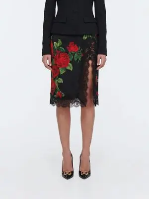 Dolce & Gabbana Floral Embroidered Silk Midi Pencil Skirt With Lace