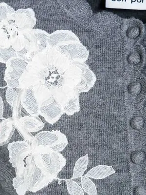 SELF-PORTRAIT Slim Fit Wool And Cashmere Cardigan With Floral Appliqu