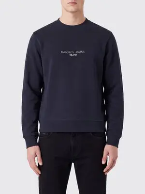 Emporio Armani Crewneck Cotton Sweatshirt With Contrast Embroidered Logo - Blue