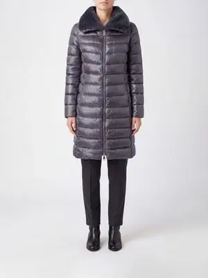 Herno Knee-length Down Jacket In Water-repellent Ultralight Nylon With Fur Collar - Grey