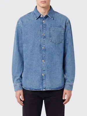 AMI Paris Cotton Denim Shirt With French Collar And Concealed Buttoning - Gnawed Blue