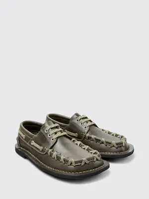 Camper Eki Leather Boat Shoes With Embroidery And Asymmetrical Toe - Grey