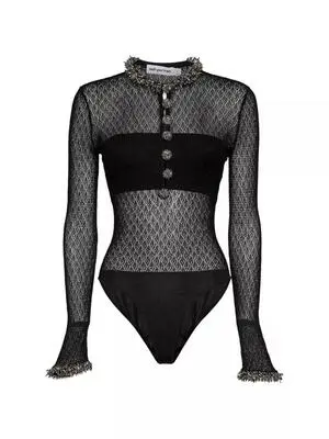 SELF-PORTRAIT Bead-embroidered Mesh Bodysuit - Black