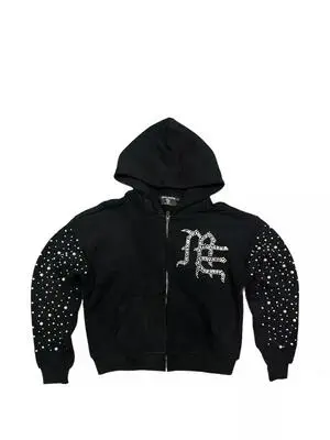Mixed Emotion Faux-pearl Embellished Zip-up Hoodie - Black