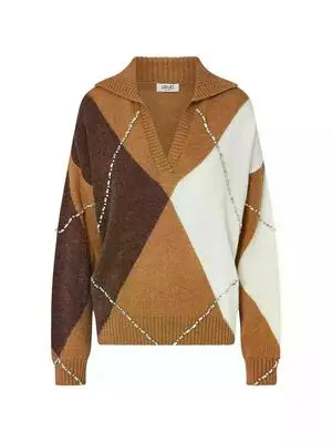 Liu Jo Argyle Knit Polo With Jewel Embroidery - Brown