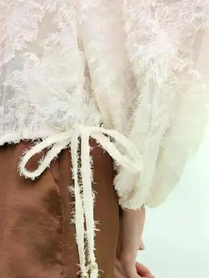 OUI Cream Fringed Puff-sleeve Blouse