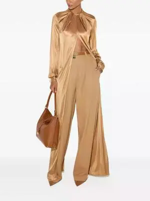 Elisabetta Franchi Shiny Jersey Draped Blouse With Logo Plaques - Neutrals