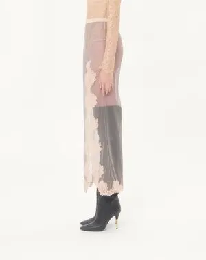 Valentino Garavani Long Sheer Tulle Skirt With Lace Hem - Grey/peach