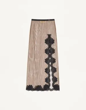 Valentino Garavani Long Skirt In Sheer Tulle Olive Green/black