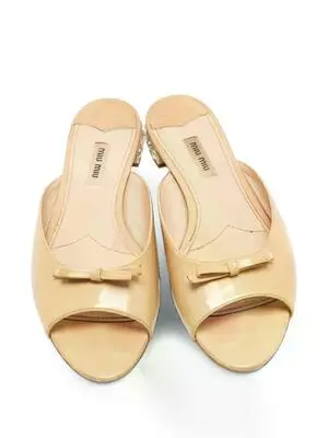Miu Miu Patent Leather Bow Detail Embellished Heel Slides