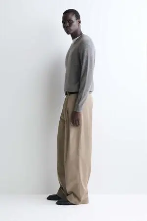 Cos Pleated Cotton Relaxed-fit Wide-leg Pants - Beige