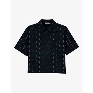 Maje Rhinestone-embellished Short-sleeve Stretch Cotton-blend Shirt - Navy