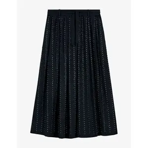 Maje Flared Rhinestone-embellished Stretch Cotton-blend Midi Skirt - Navy
