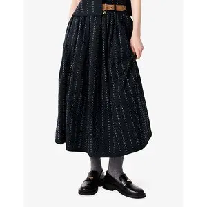 Maje Flared Rhinestone-embellished Stretch Cotton-blend Midi Skirt