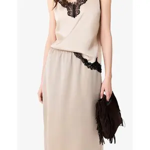 Maje Contrast-waist High-rise Satin Pencil Skirt