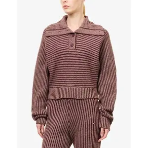 ADANOLA Logo-plaque Ribbed Knit Henley Sweatshirt