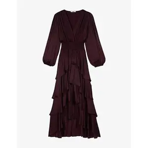 Maje Ruffled Tie-neck Woven Maxi Dress - Burgundy