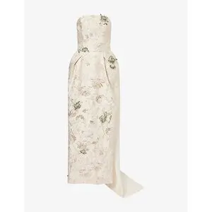 Sabina Bilenko Jacquard Floral Embroidery Corset Maxi Dress With Detachable Train