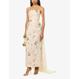 Sabina Bilenko Jacquard Floral Embroidery Corset Maxi Dress With Detachable Train