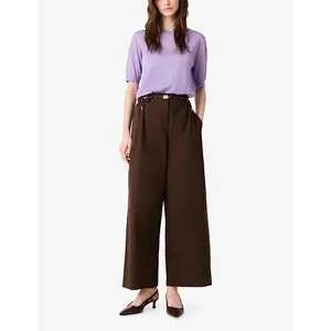 Maje Wide-leg High-rise Stretch Cotton-blend Trousers