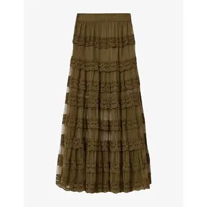 ALLSAINTS AllSaints Maggie Tiered Lace Maxi Skirt Olive Khaki Gr