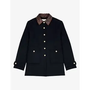 Maje Leather-collar Double-faced Wool-blend Coat - Navy