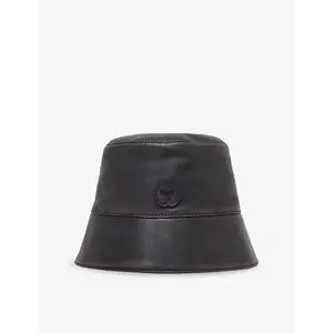 Maje Logo-appliqué Distressed Leather Bucket Hat - Dark Brown